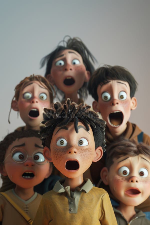 A Crowd of Children with Frightened Expressions on Their Faces. 3d ...