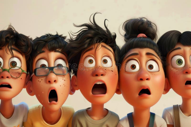 A Crowd of Children with Frightened Expressions on Their Faces. 3d ...