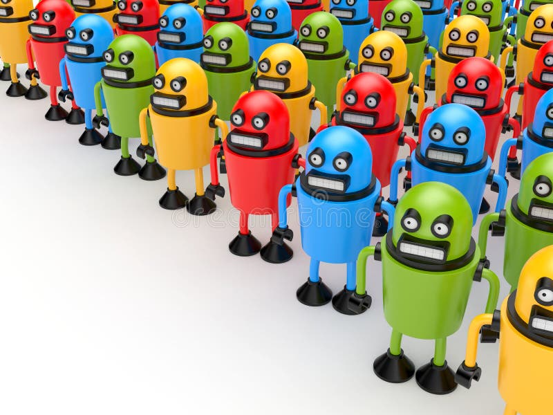 Crowd of colorful robots stock illustration. Illustration of collective ...