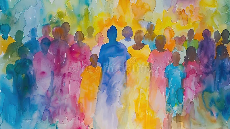 Crowd with Colorful Watercolor Silhouettes from Behind. Stock Photo ...