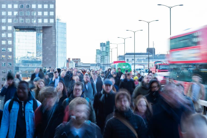 Crowd of Commuters Walking To Work Across London Bridge UK with Motion ...