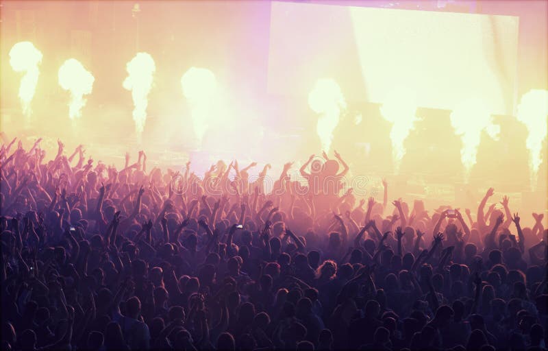 Crowd at Concert and Blurred Stage Lights Stock Image - Image of ...