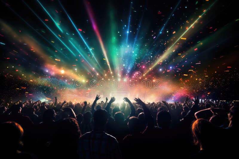 Crowd at a Concert in Front of Bright Stage Lights and Smoke, Concert ...