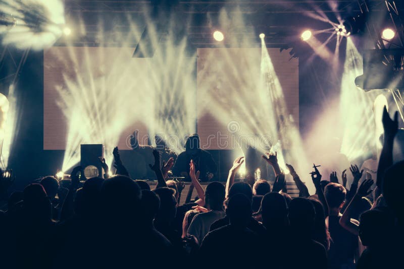 Crowd at a Concert with Hands Up Stock Image - Image of light, disco ...