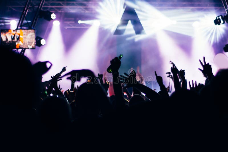Crowd at a Concert with Hands Up Stock Image - Image of human, party ...