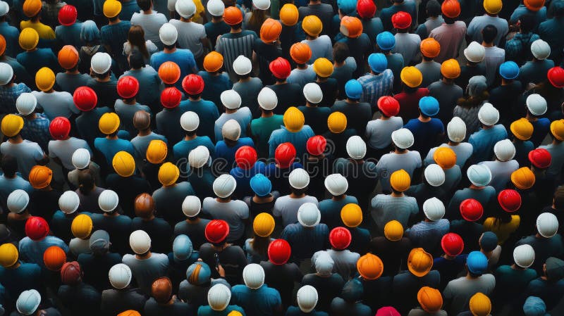 Crowd of Construction Workers with Colorful Helmets, Diverse Gathering ...