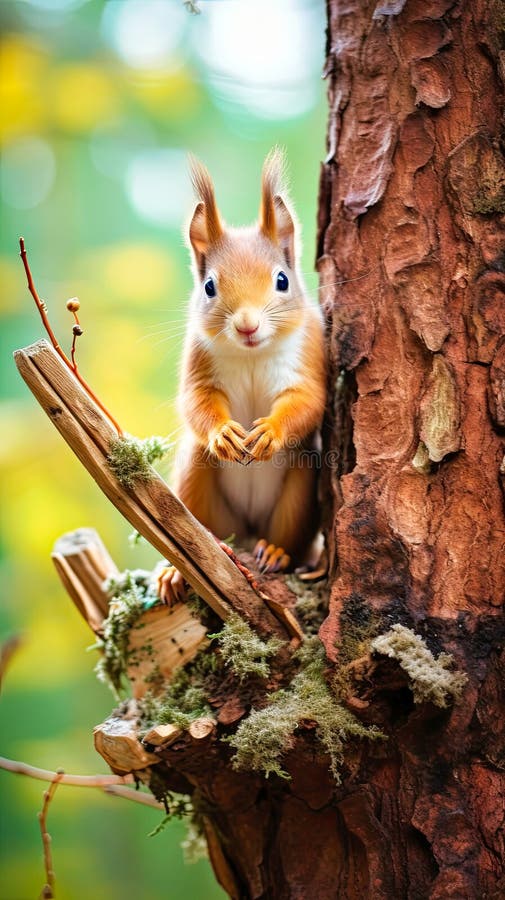 Crowd of Curious Red Squirrels Gathered on a Tree Branch in a Lush ...