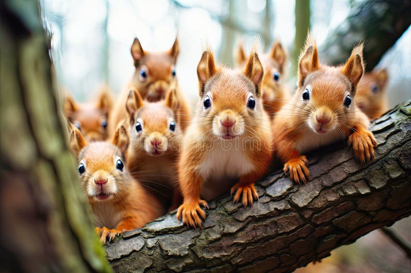 Crowd of Curious Red Squirrels Gathered on a Tree Branch in a Lush ...