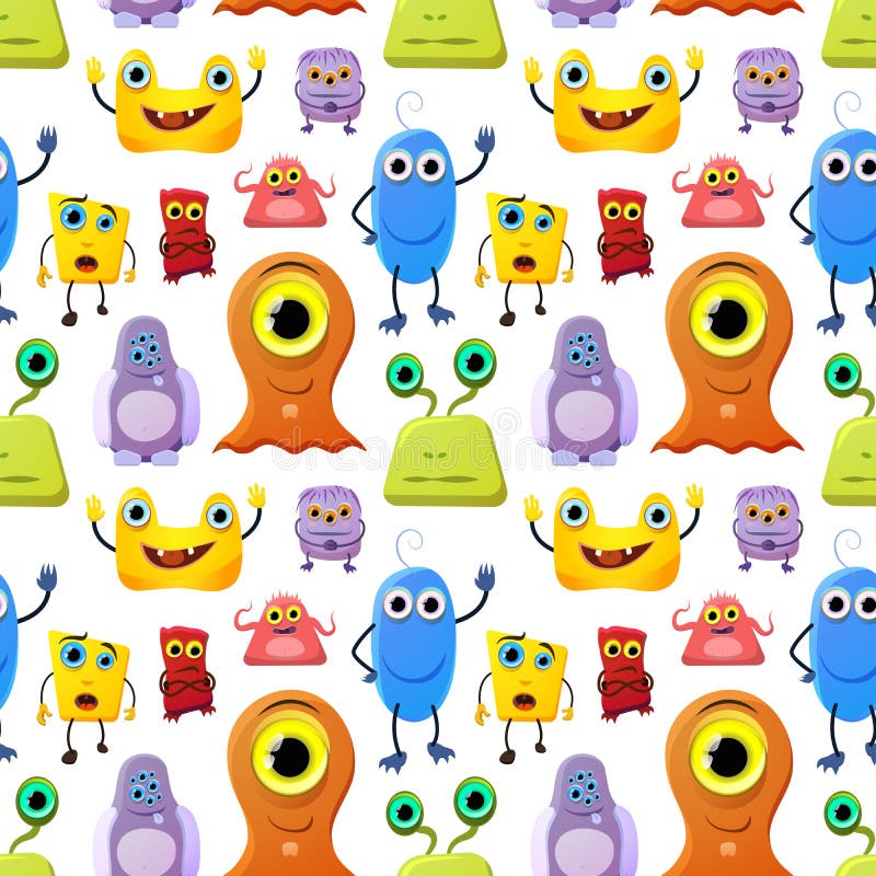 Crowd of Cute Monsters Different Colours on White Background, Seamless ...