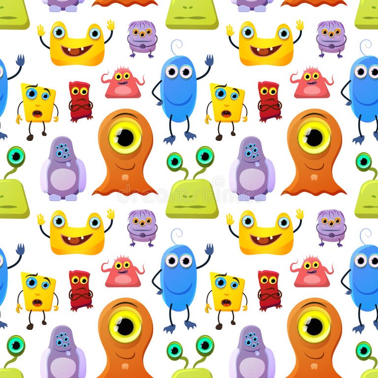 Crowd of Cute Monsters Different Colours on White Background, Seamless ...