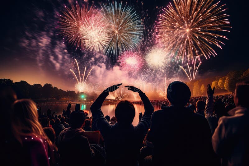 Crowd Enjoying Fireworks Show Stock Illustration - Illustration of ...