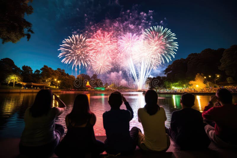 Crowd Enjoying Fireworks Show Stock Illustration - Illustration of ...