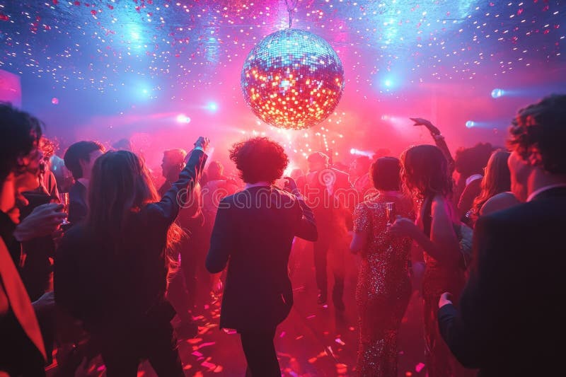 Crowd Enjoying Nightlife with Disco Ball and Stage Lights Stock Photo ...