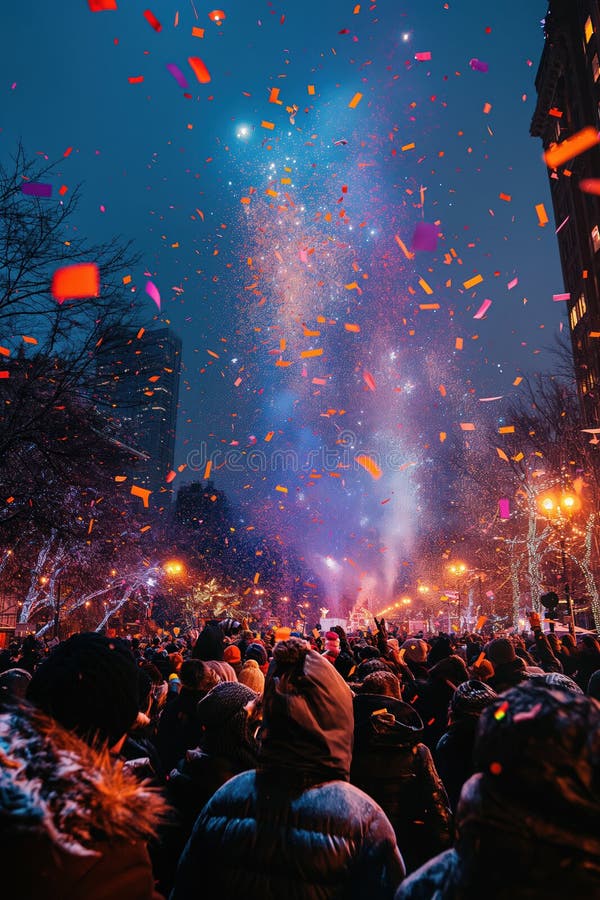 Crowd Watching Fireworks Exploding with Falling Confetti at Night Stock ...