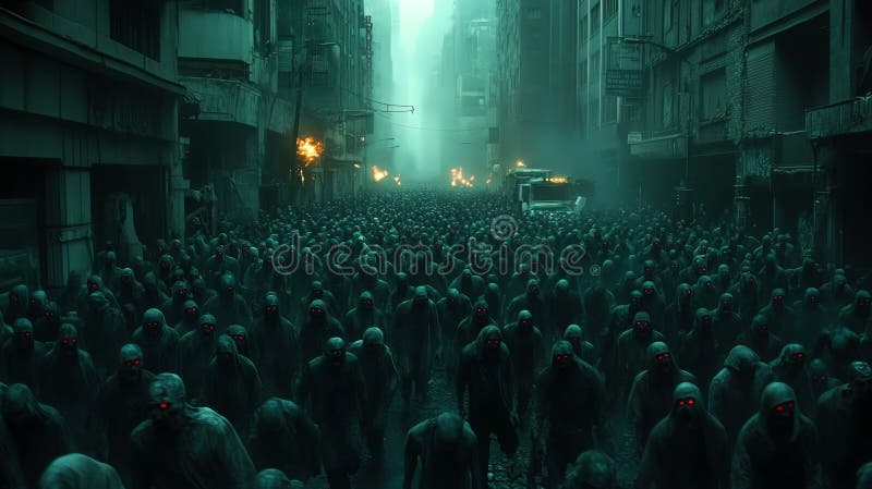 Crowd of Faceless Figures in a Dystopian Urban Landscape Stock ...