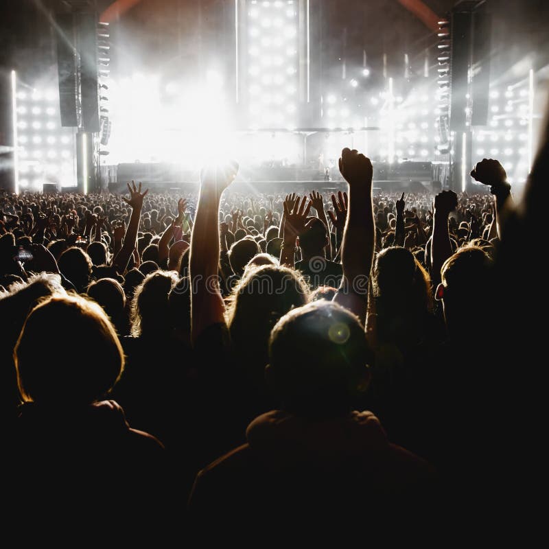 The Crowd in a Fan Zone in a Concert Hall. Raised Hands during a Music ...