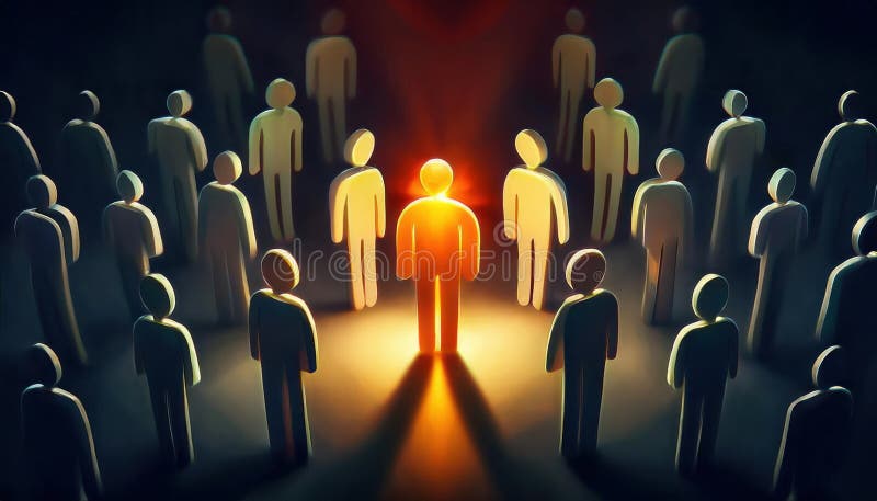 Crowd of Figures with One Illuminated in the Center Radiating Light ...