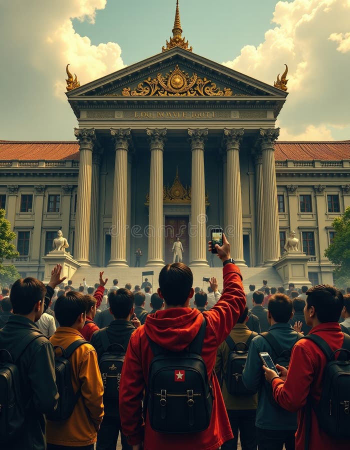 Crowd Filming Dramatic Scene before Grand Building Stock Illustration ...
