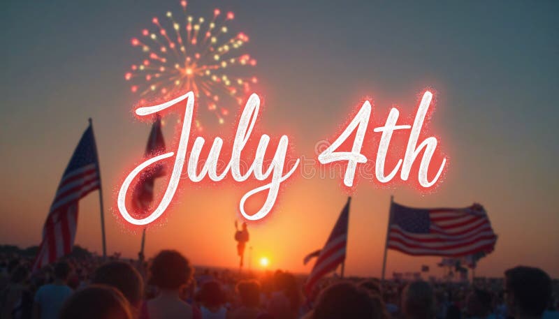 Crowd with Fireworks and American Flags at Sunset with July 4th Text ...