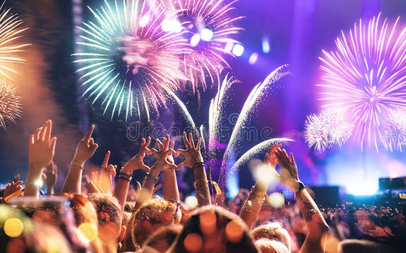 Crowd and Fireworks New Year Celebrations Stock Image - Image of adult ...