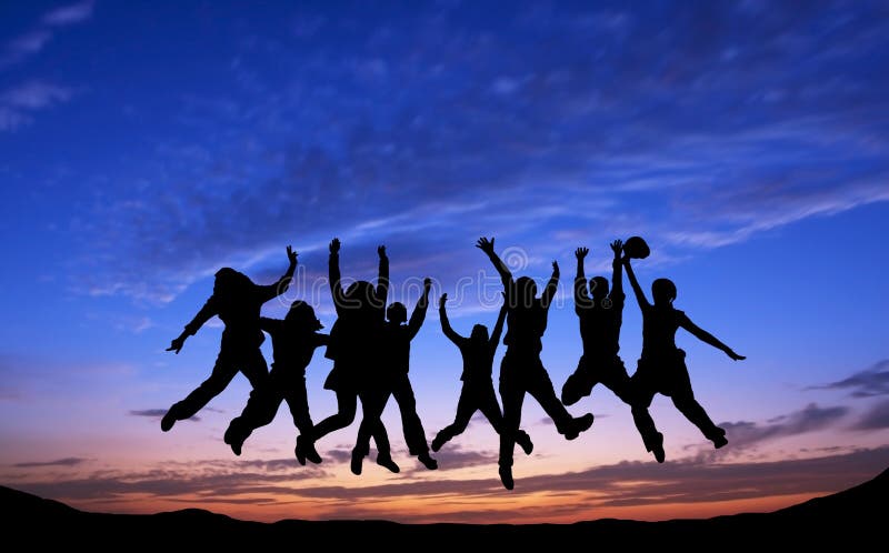 Crowd of Friends Jumping on Blue Sky Background Stock Photo - Image of ...