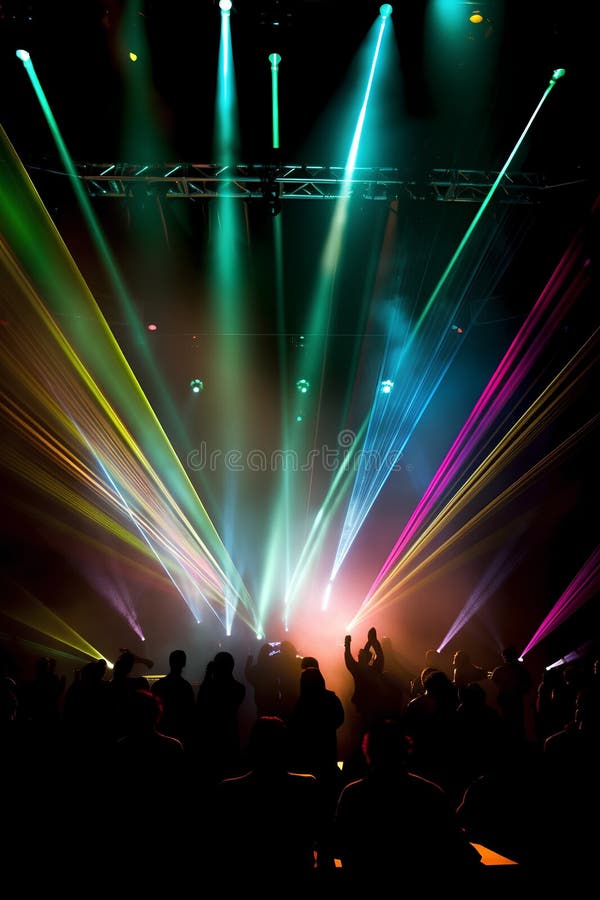 Crowd in Front of a Bright Stage during a Concert with Colorful Lights ...