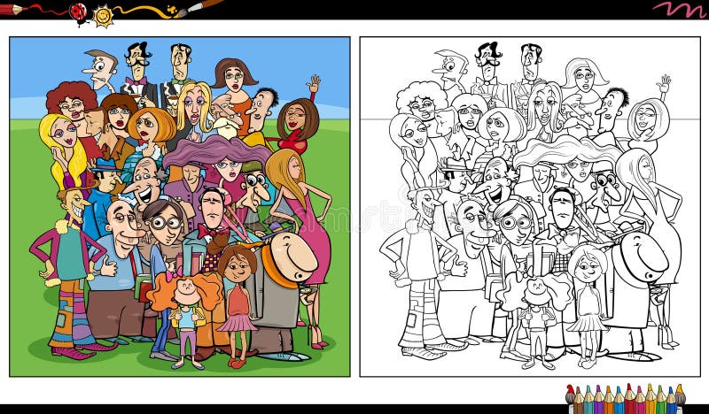 Crowd of Funny Comic People Characters Group Coloring Page Stock Vector ...