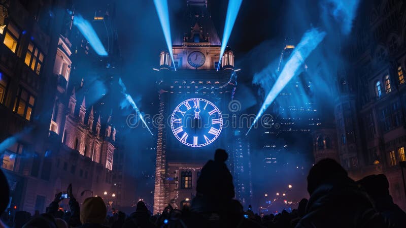 Crowd Gathered before a Lit Clock Tower with 2025 Projection ...