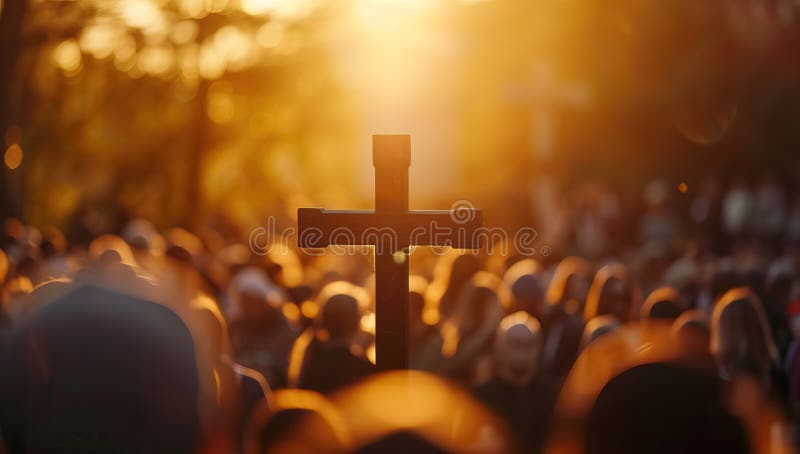 Crowd Gathering Around a Cross in the Golden Hour Stock Illustration ...