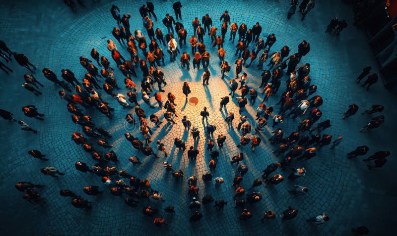 Crowd Gathering in Circular Formation, Aerial View, Urban Setting ...