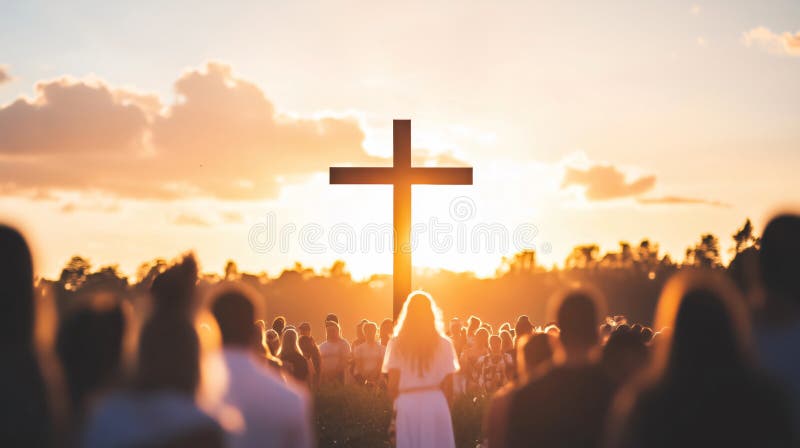 Crowd Gathering Outdoors Around a Cross at Sunset Stock Illustration ...