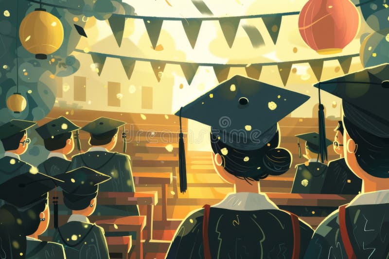 Crowd of Graduate Students with Graduation Caps, Rear View. Graduation ...