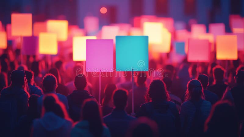Crowd Holding Illuminated Signs at Night Stock Illustration ...