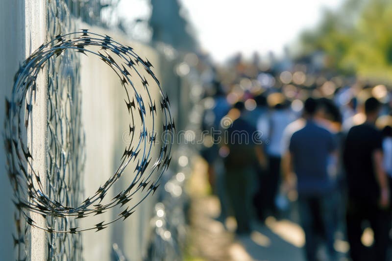 A Crowd of Illegal Immigrants Stand Along the Border with Barbed Wire ...