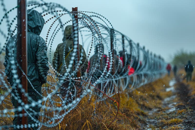 A Crowd of Illegal Immigrants Walk Along the Border with Barbed Wire ...