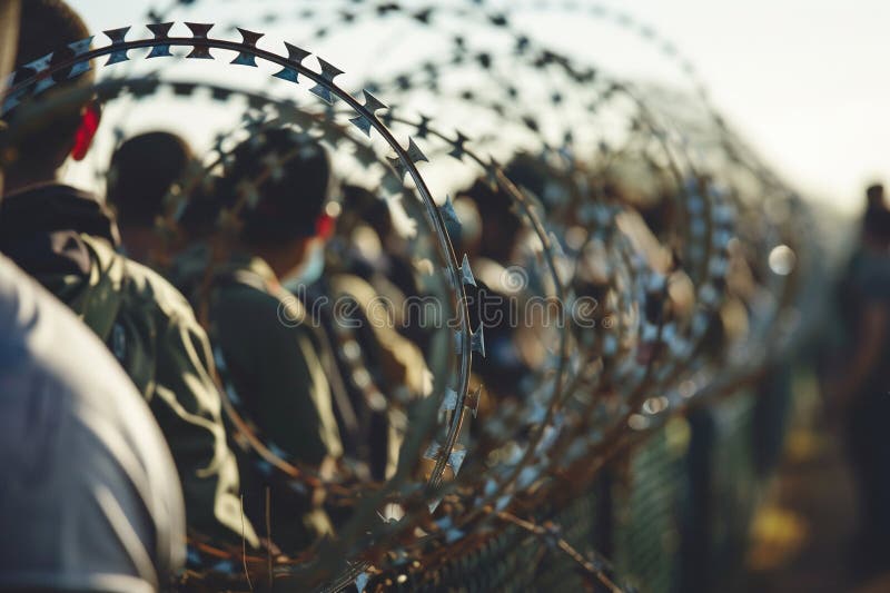 A Crowd of Illegal Immigrants Walk Along the Border with Barbed Wire ...