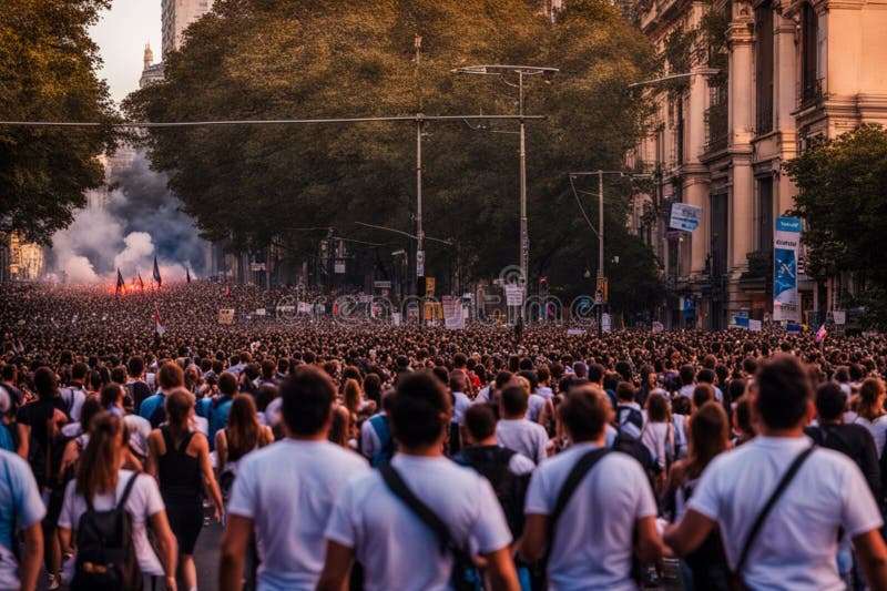Crowd Marching Activist for Rights in a Big City at Sunset Stock ...