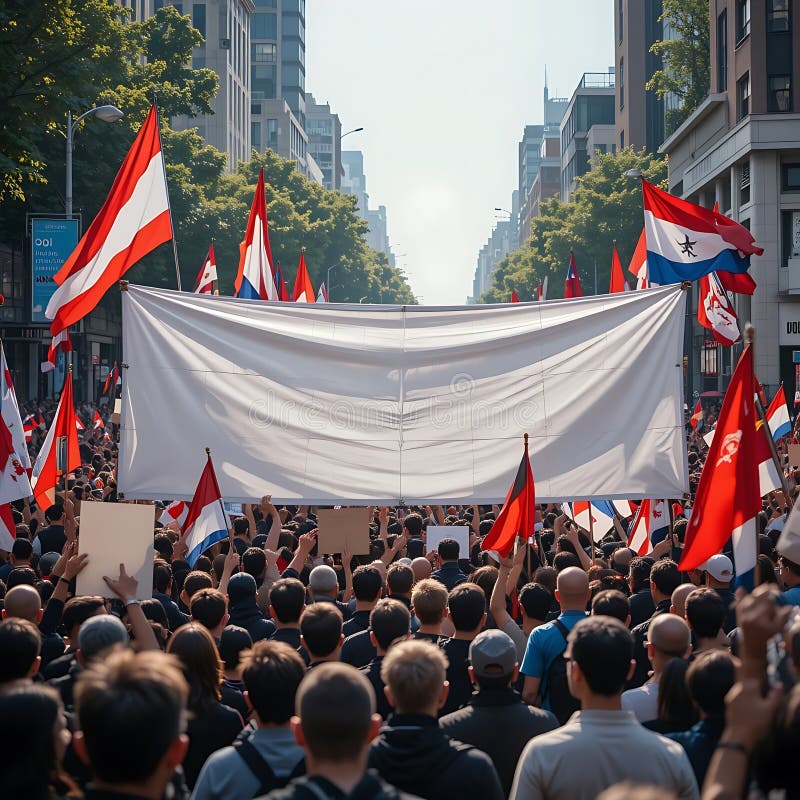 Crowd Marching with Flags and Blank Banner through City Streets Stock ...