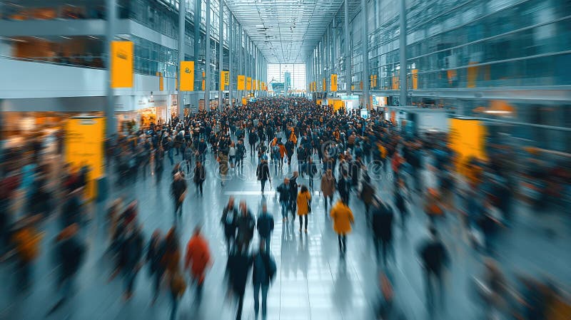 Crowd Moving through a Large, Modern Convention Center with Striking ...