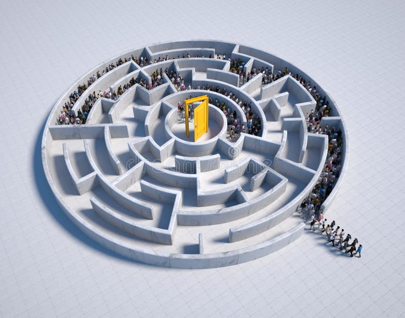 Crowd Navigating a Complex Labyrinth with a Yellow Door at the Center ...