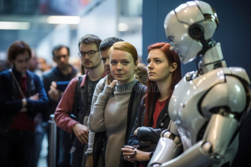 Crowd Observing Humanoid Robot at Technology Exhibition Showcasing ...