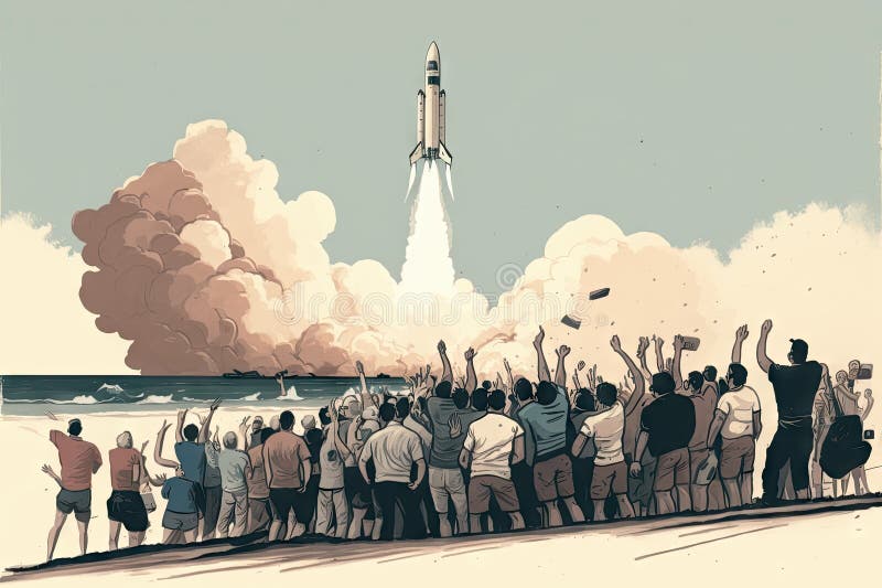 Crowd of Onlookers, Cheering and Waving As Rocket Launches into the Sky ...