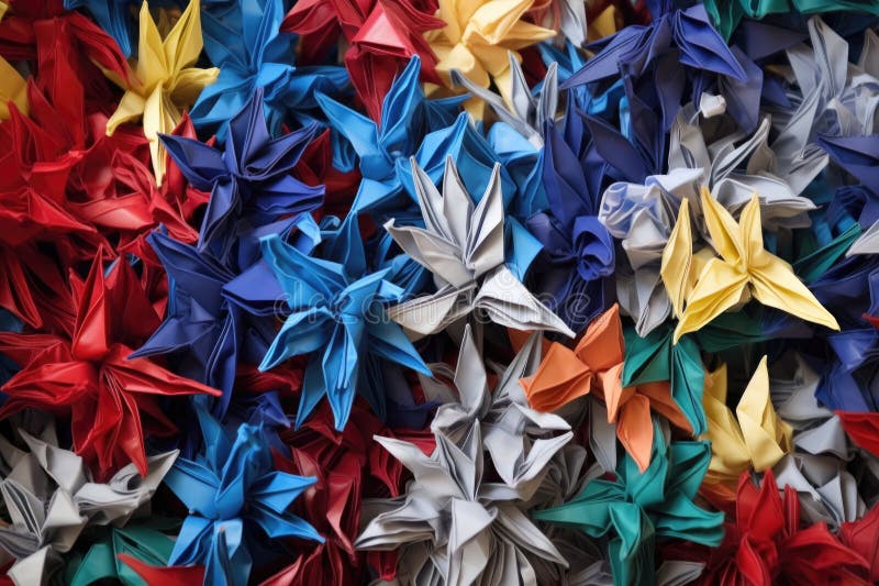 A Crowd of Origami Paper Cranes in Various Colors Stock Illustration ...
