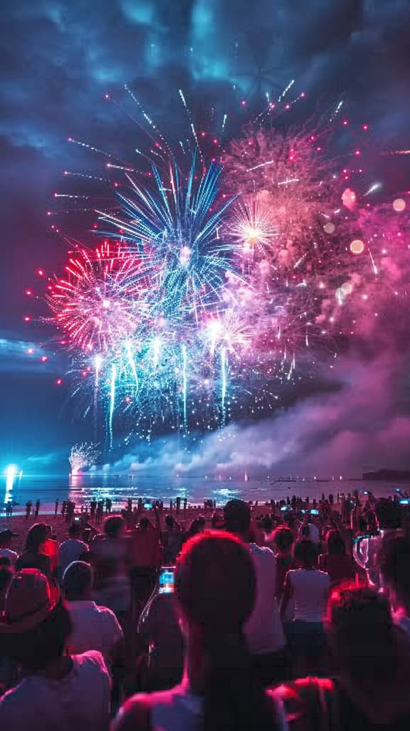 Crowd with Patriotic Face Paint Watching Fireworks on the Beach, Front ...