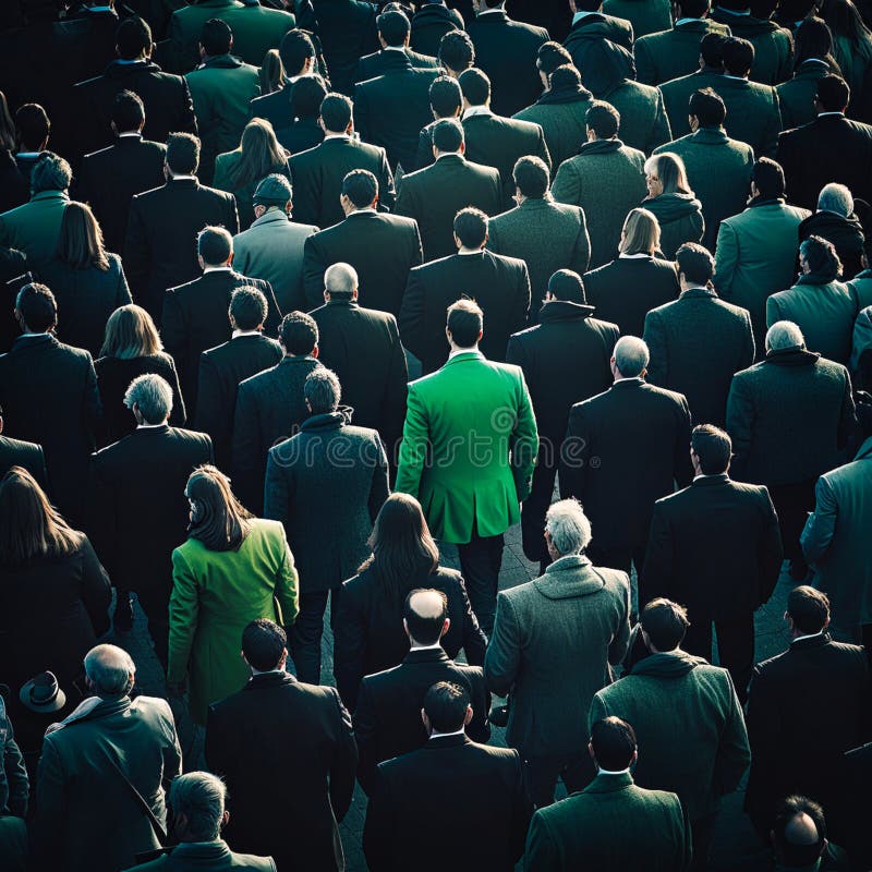 A Crowd of People in Black Suits and only One Person in Green, Generative AI Stock Illustration ...