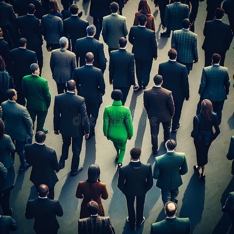 A Crowd of People in Black Suits and only One Person in Green ...