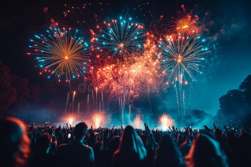 Crowd of People is Enjoying a Fireworks Display at an Outdoor Event ...