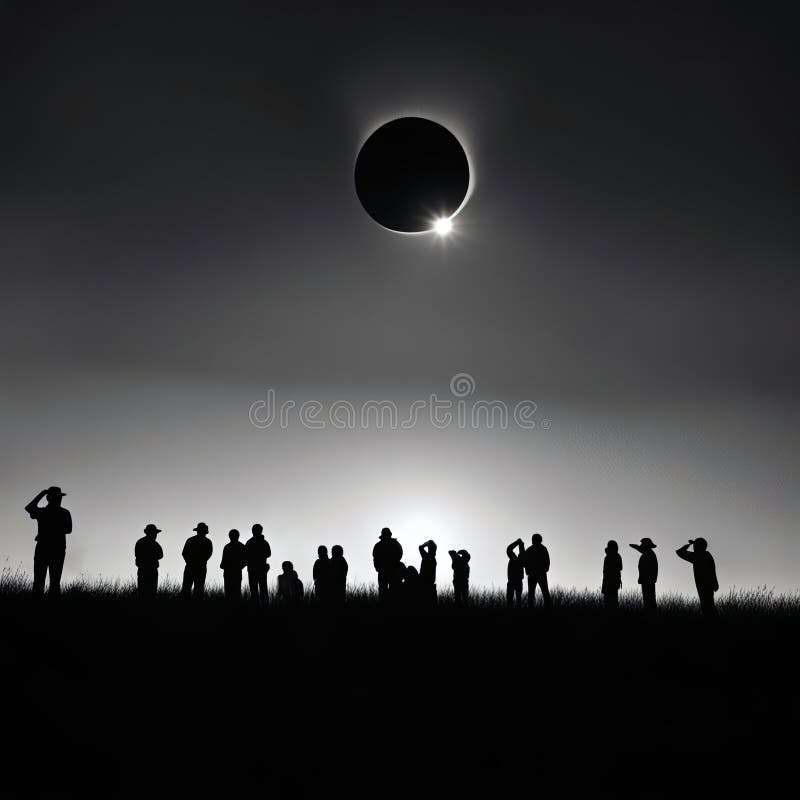Crowd of People in Field Watching Total Sun Eclipse Stock Illustration ...