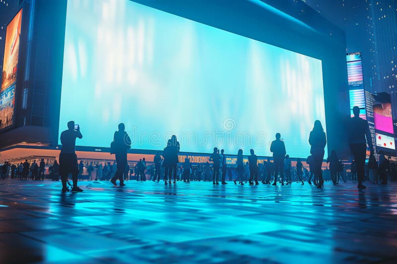 Crowd of People in Front of a Giant Screen in an Illuminated Urban ...