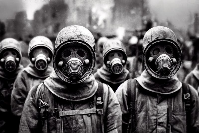 Crowd in gas masks stock photo. Image of army, people - 258230386